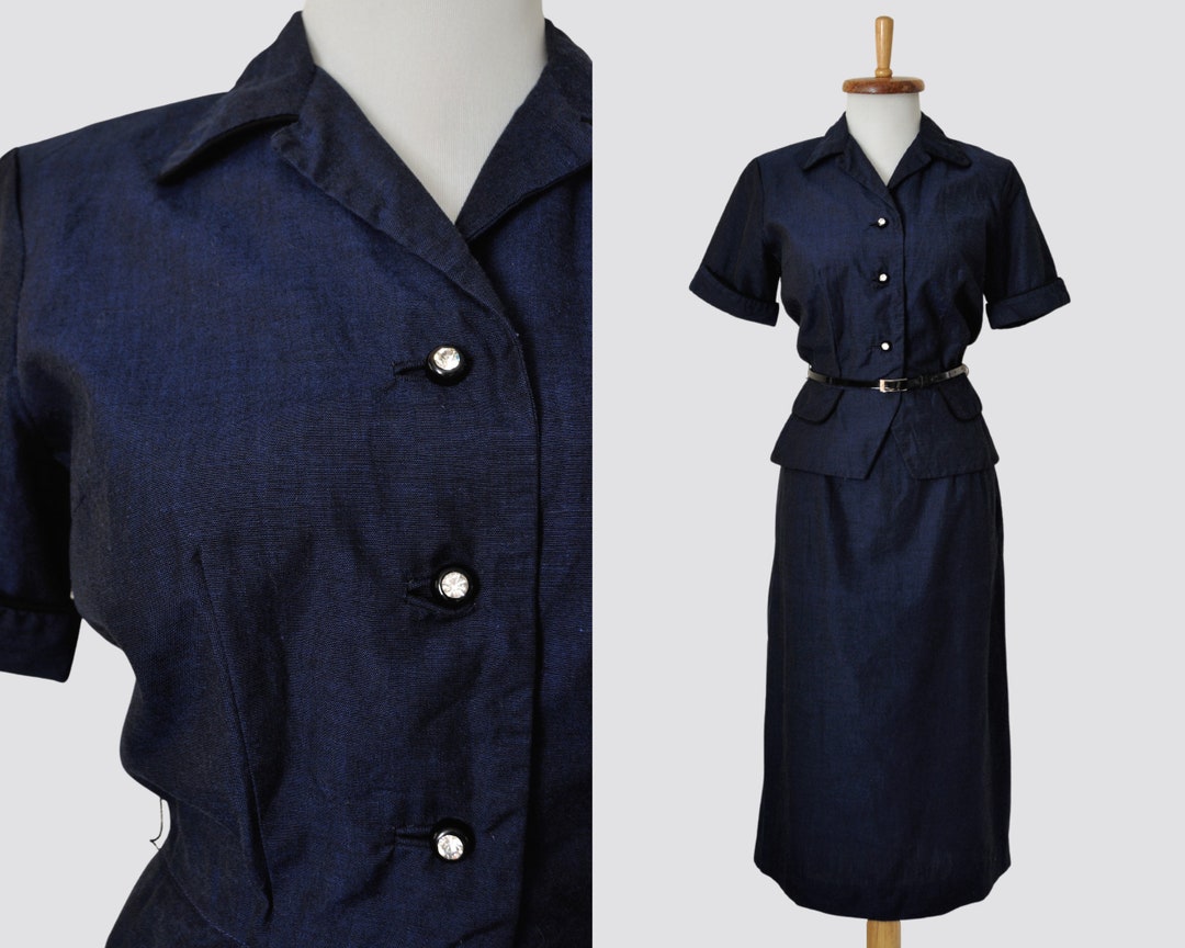 50s Navy Suit / Vintage 1950s Dress Fitted Skirt Set / 40s Short Sleeve ...