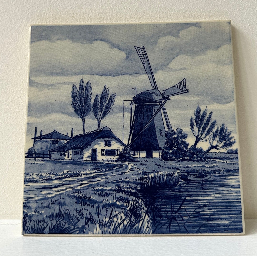 Delft-style Blue and White Dutch Windmill Scenic Landscape Tile - Etsy