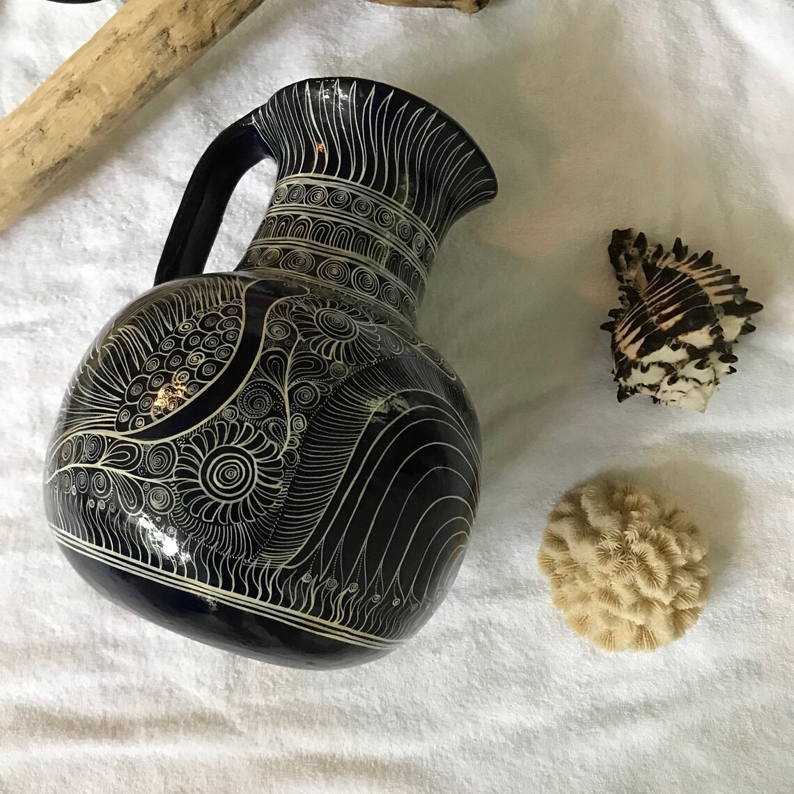 Mexican Pitcher, Navy Blue and White, Huancito - Etsy