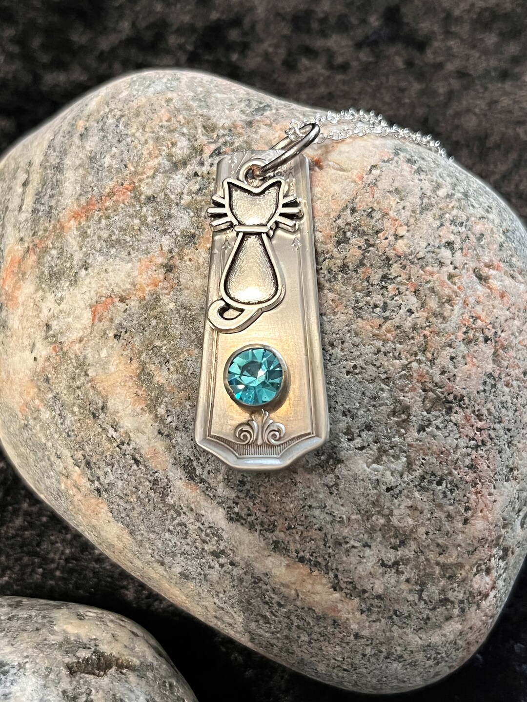 Vintage Silverware Necklace With Cat Charm and Blue Rivet - Etsy
