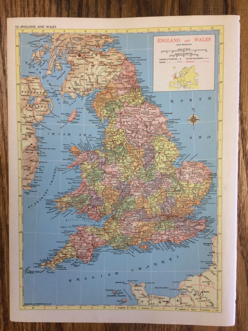 England & Wales or Europe Large Map - 1955 Hammond's New Supreme World ...