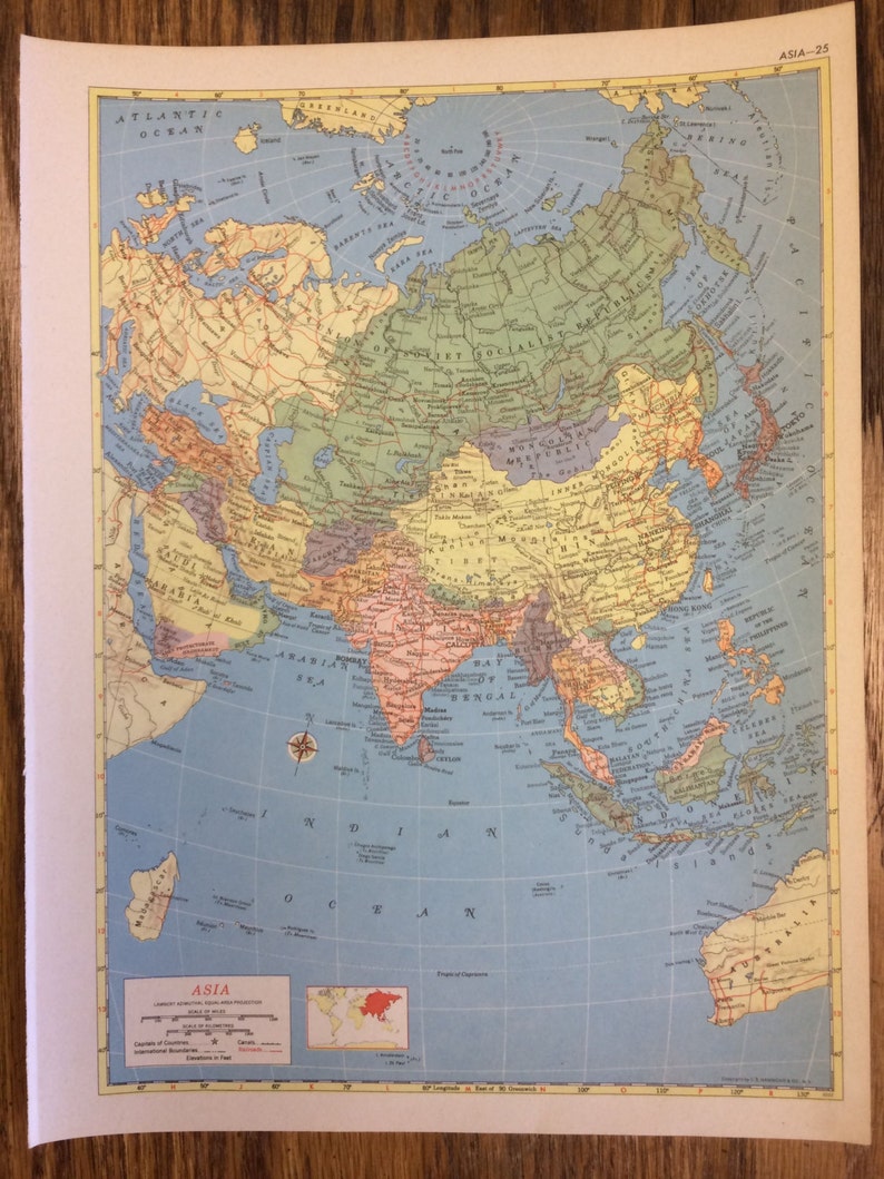 Asia or the Near East Large Map 1955 Hammond's New Supreme World Atlas ...