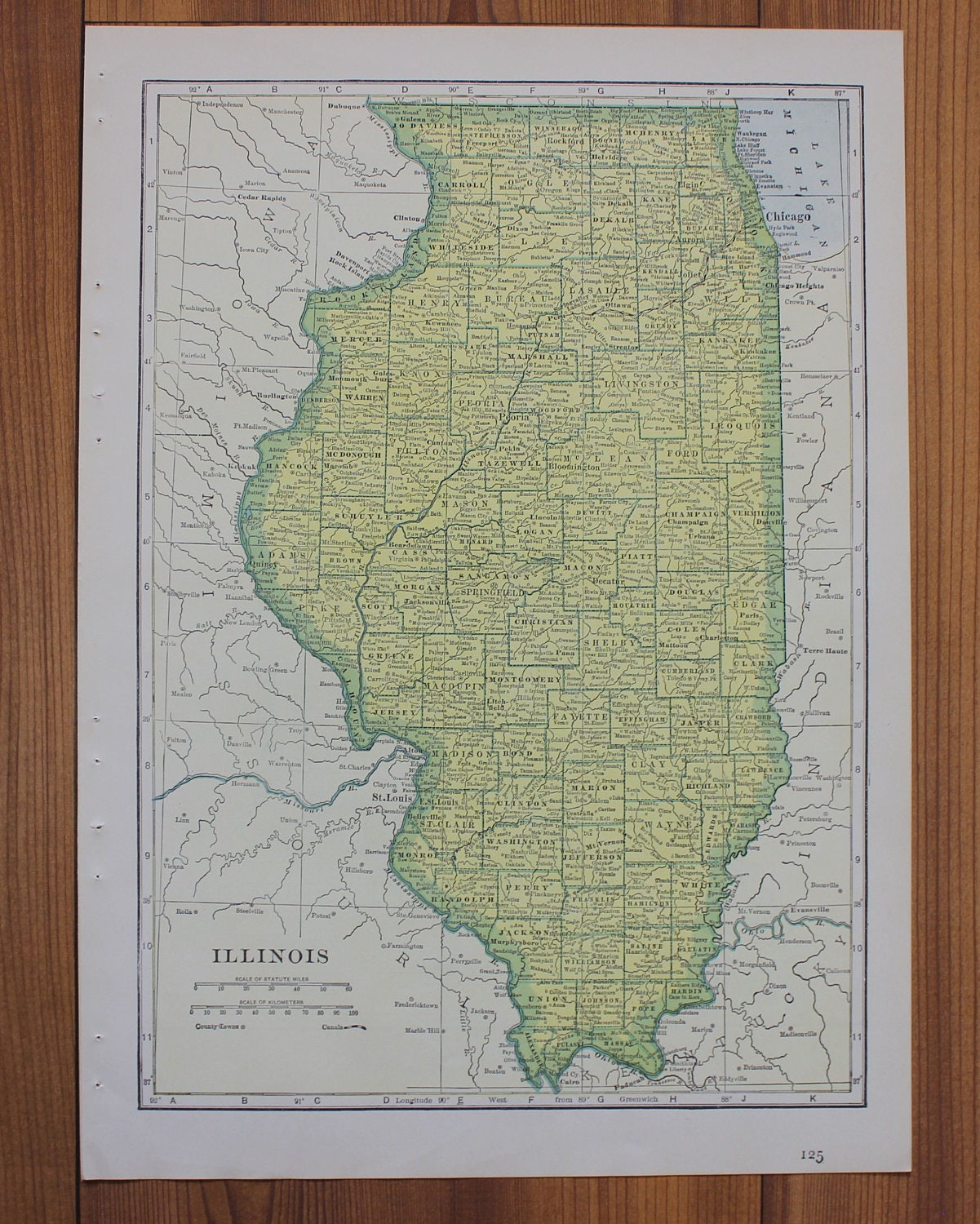 Illinois or Indiana Large Map, 1943 Columbia Standard Illustrated World ...