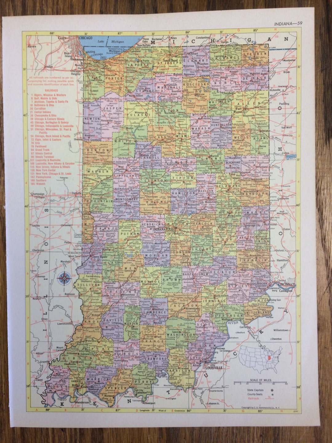 Indiana or Iowa Large Map 1955 Hammond's New Supreme World Atlas ...