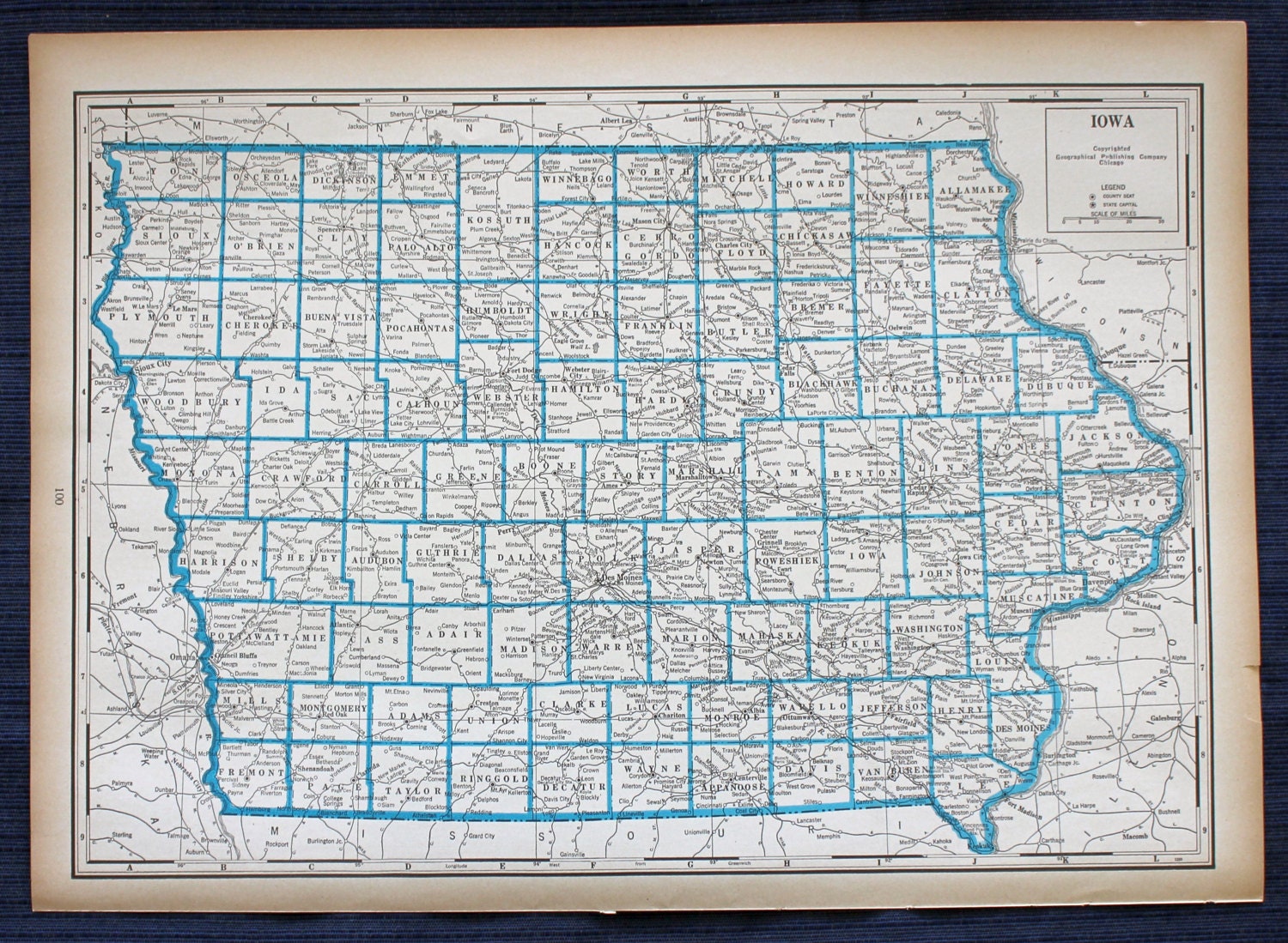 Indiana Map or Iowa Map - Large Map - 1941 New International Atlas of ...
