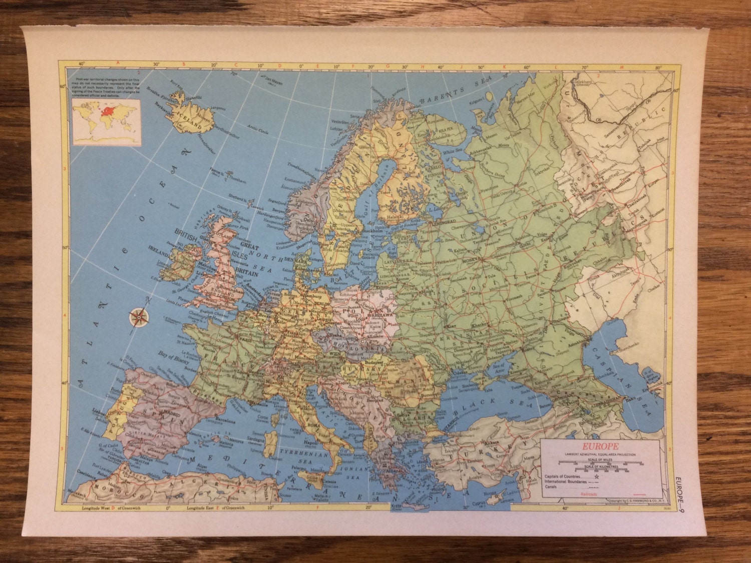 England & Wales or Europe Large Map 1955 Hammond's New Supreme World ...