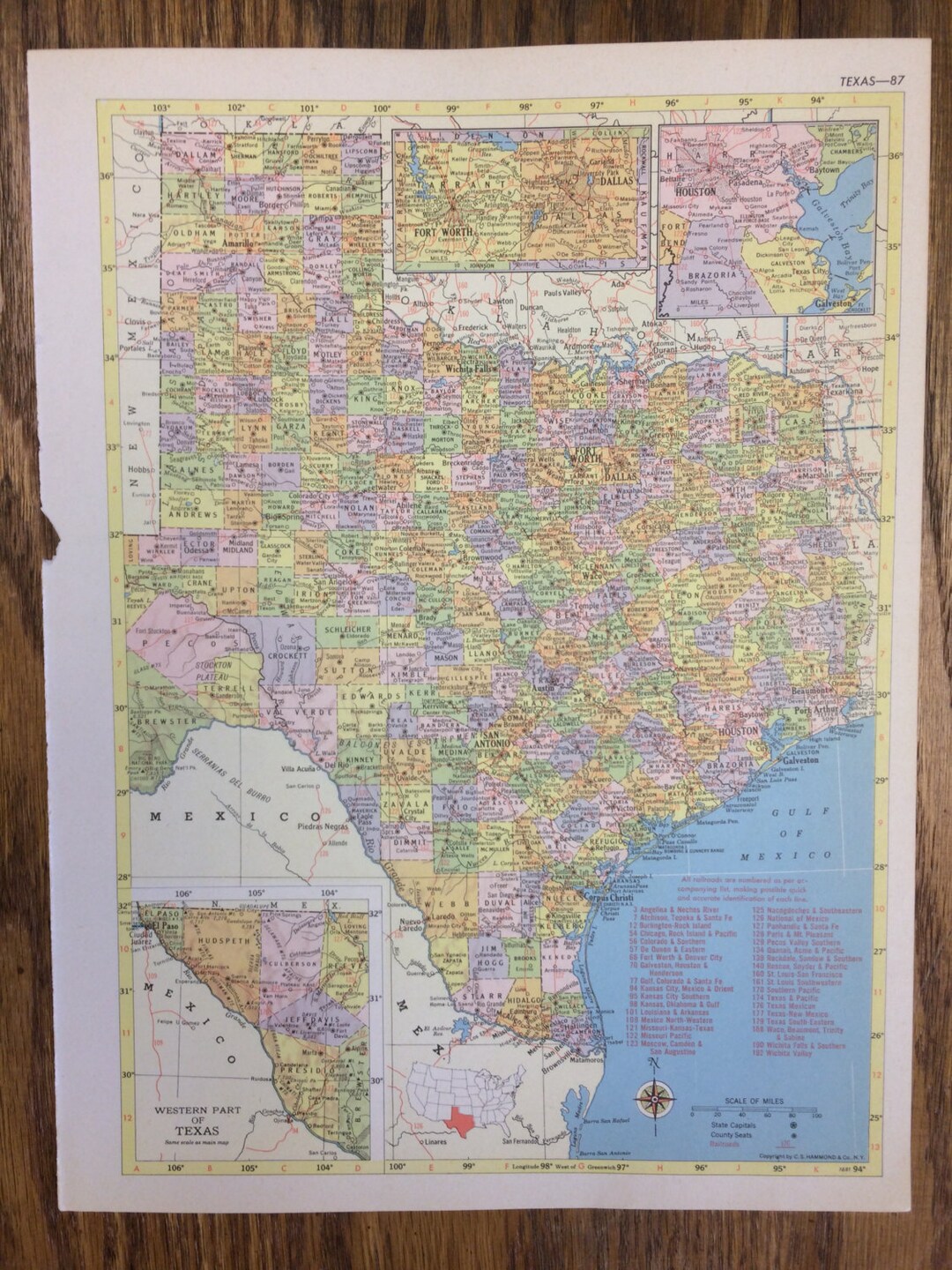 Texas or Utah Large Map - 1955 Hammond's New Supreme World Atlas ...