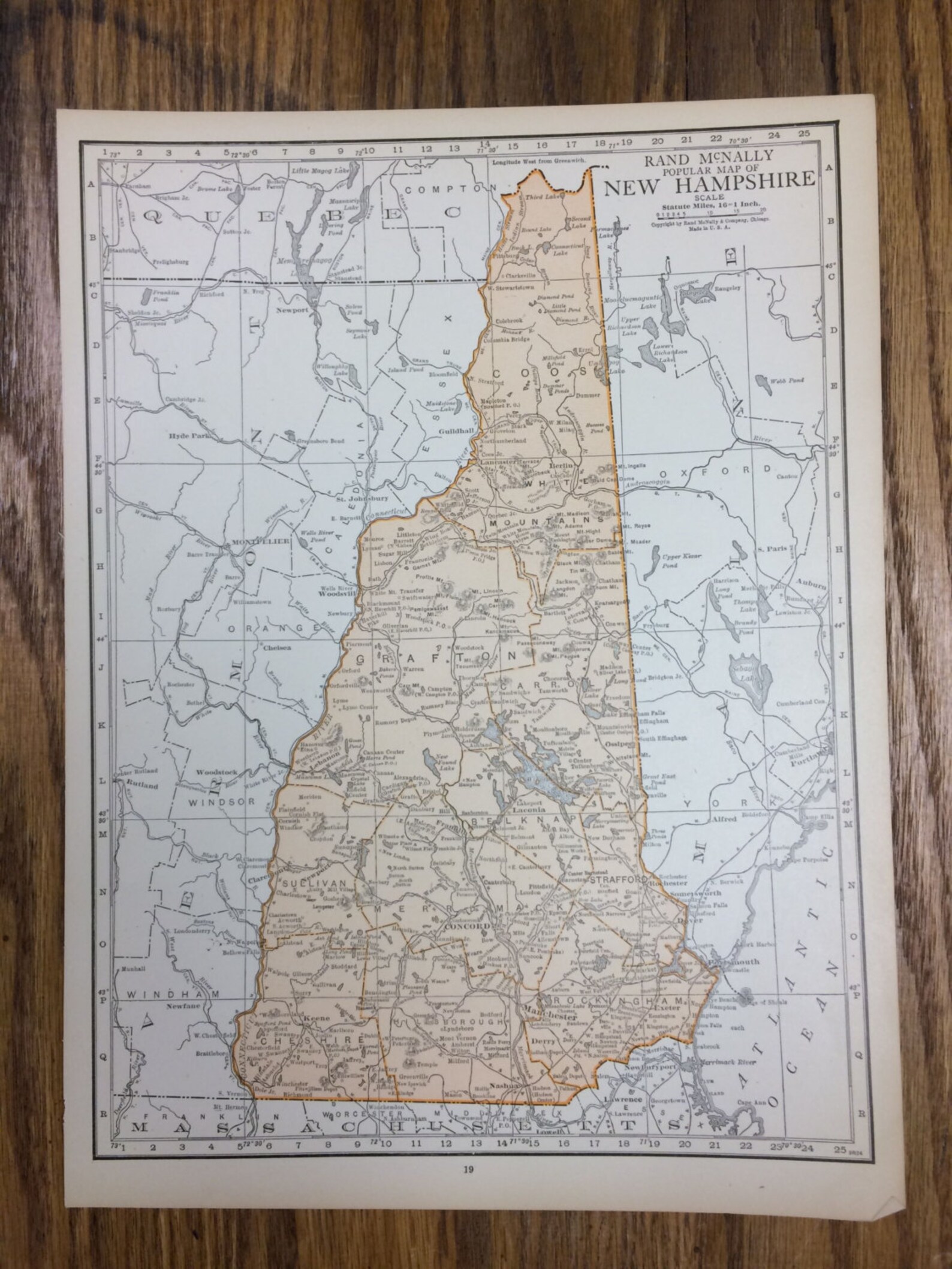 Vermont or New Hampshire Large Map - 1925 the Columbian Atlas - Antique ...