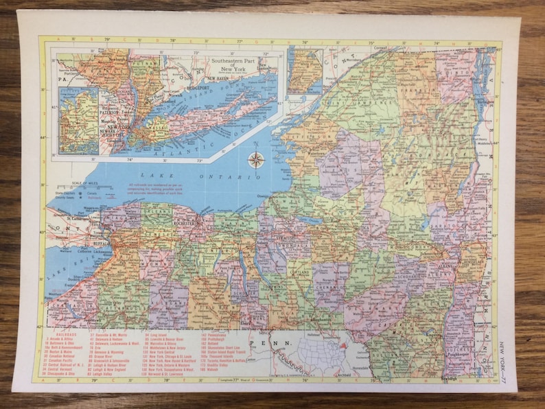 New York or North Carolina Large Map 1955 Hammond's New Supreme World ...