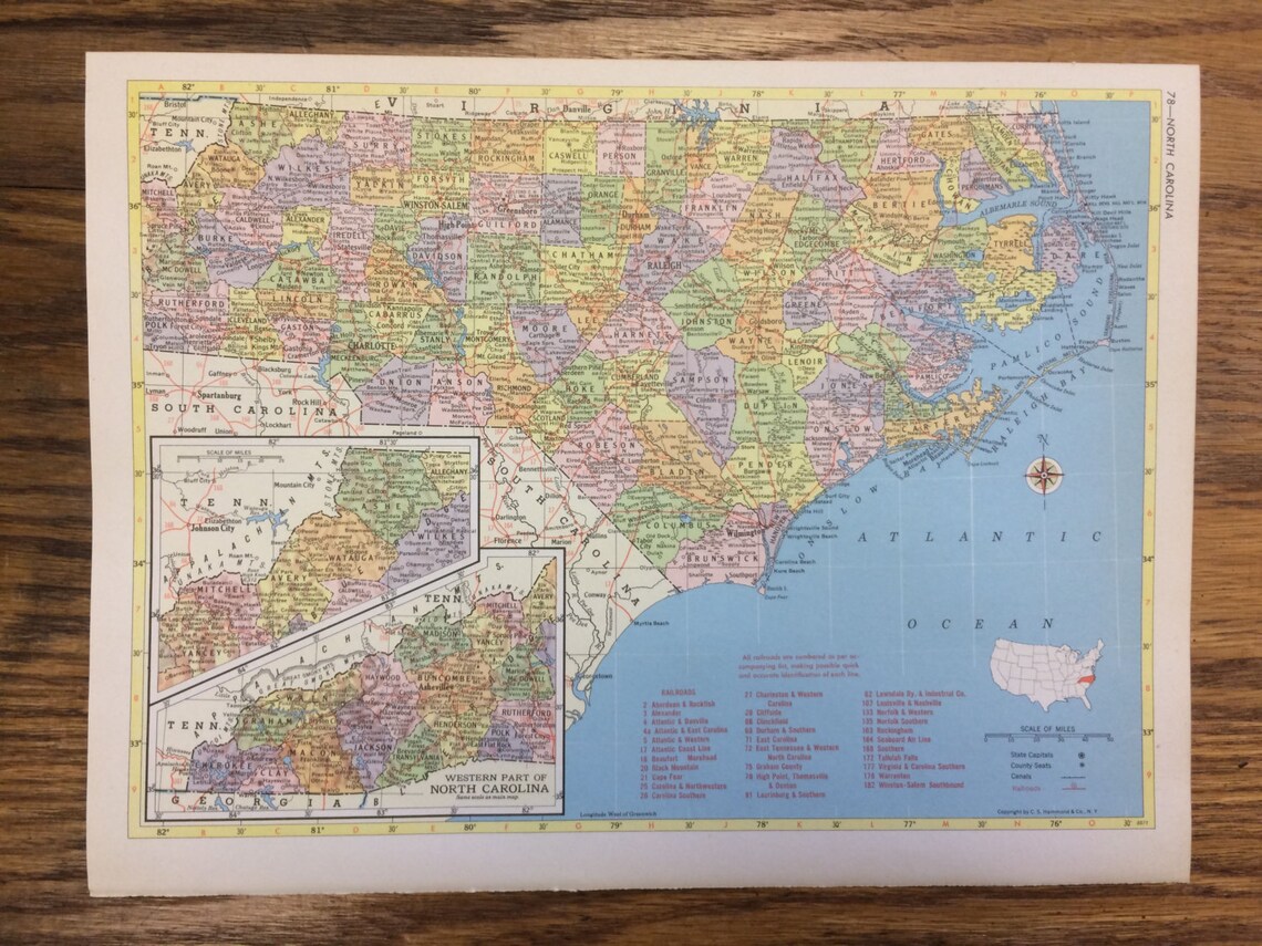 New York or North Carolina Large Map 1955 Hammond's New Supreme World ...