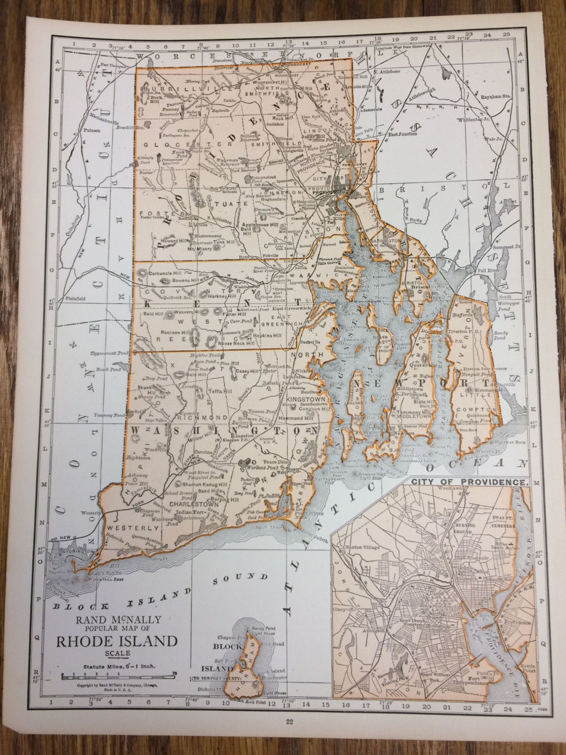 Rhode Island or Massachusetts Large Map 1925 the Columbian Atlas ...