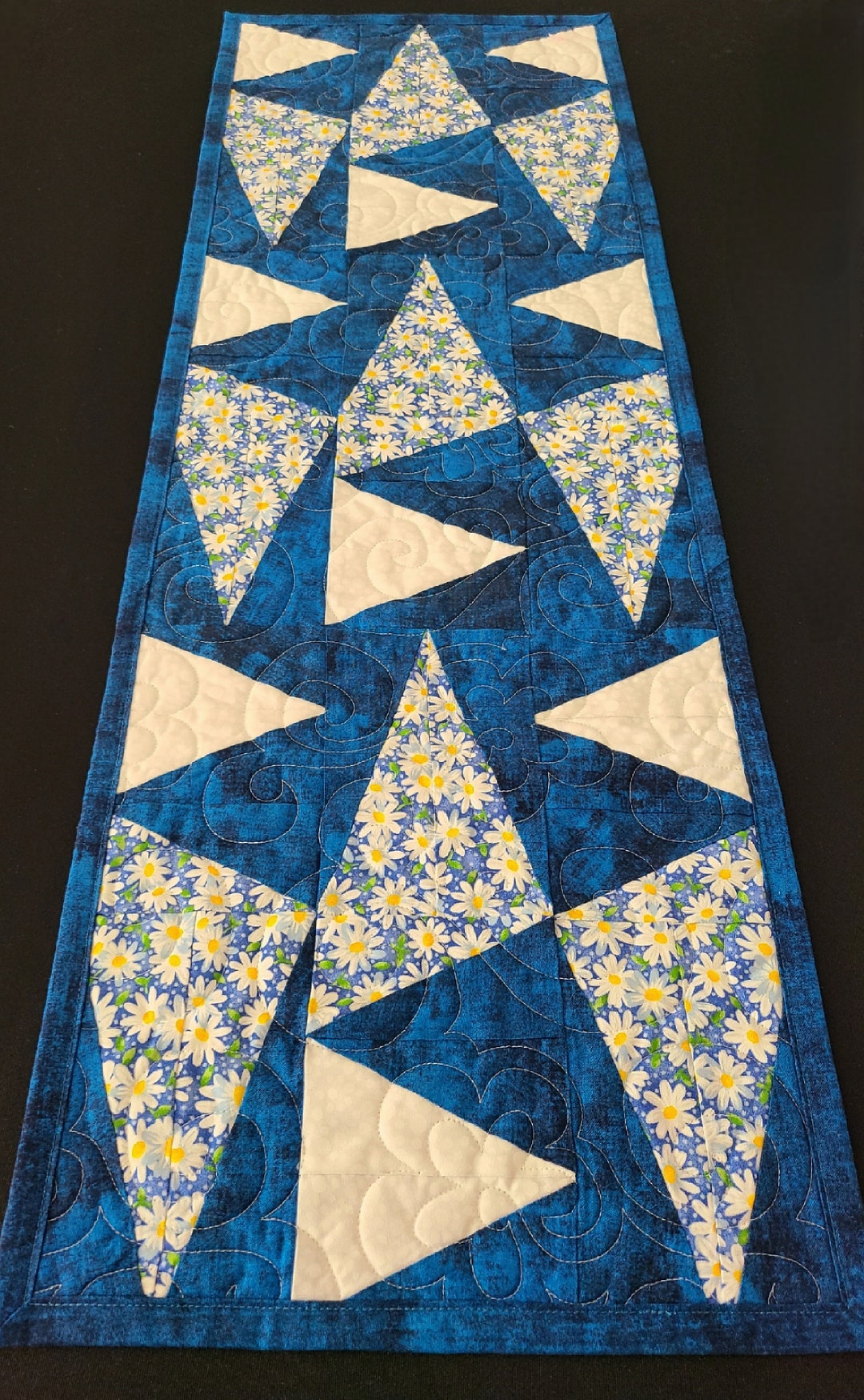 Blue Table Runner, Quilted Table Runner, Pieced Table Runner, Floral ...