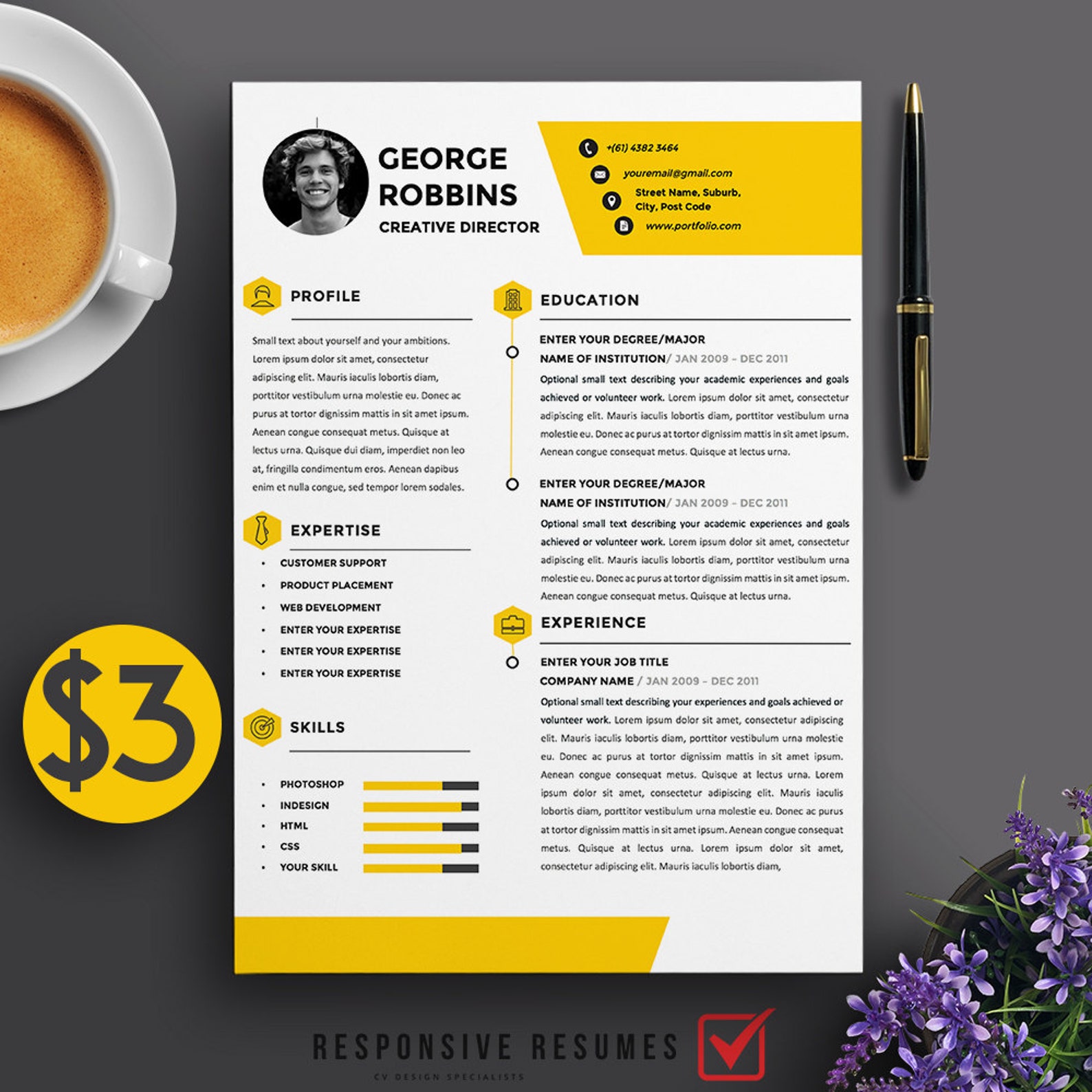 Professional 3 Page Resume Template / CV, Extra Page, Cover Letter A4 ...