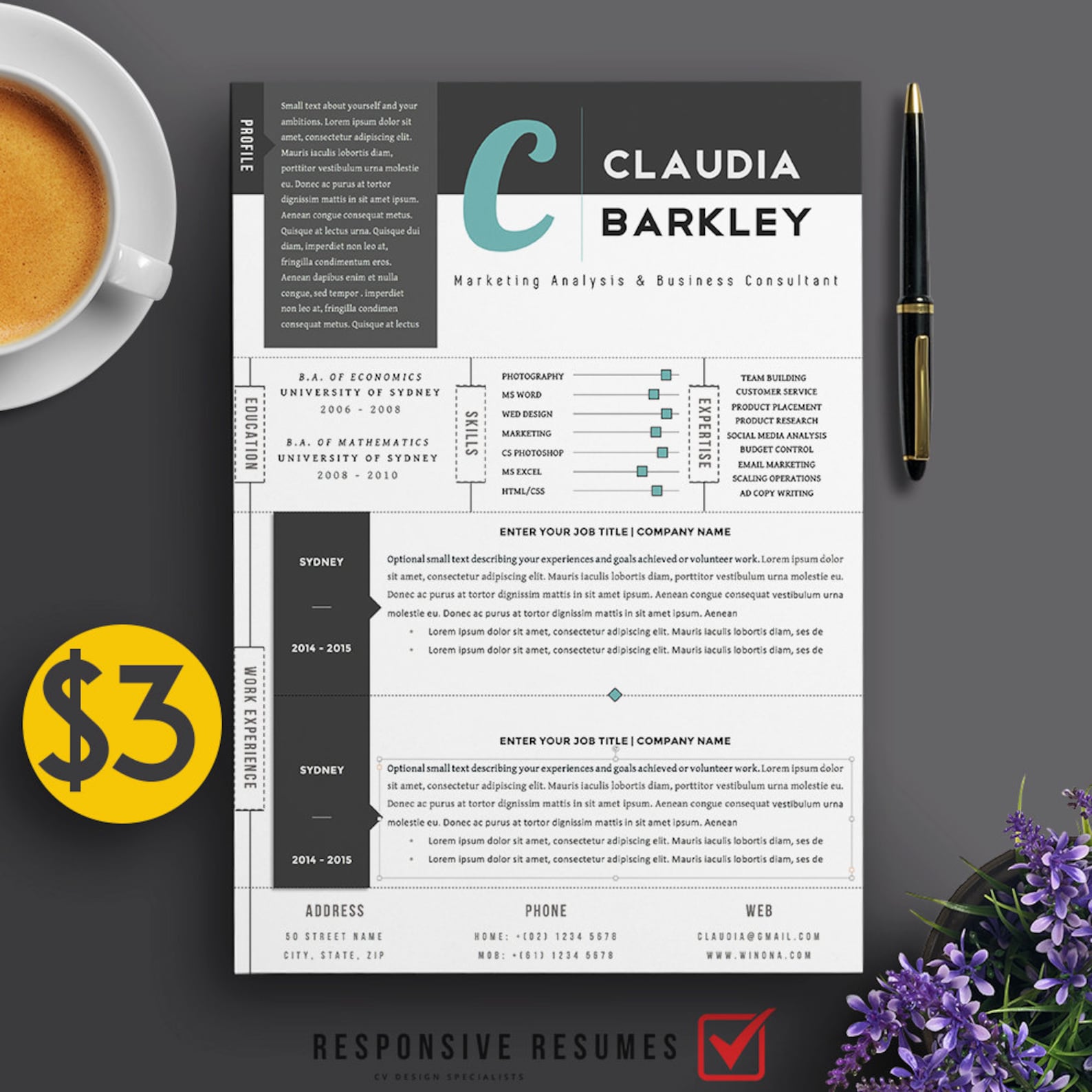 Professional 3 Page Resume Template / CV Template, Cover Letter A4 & US ...