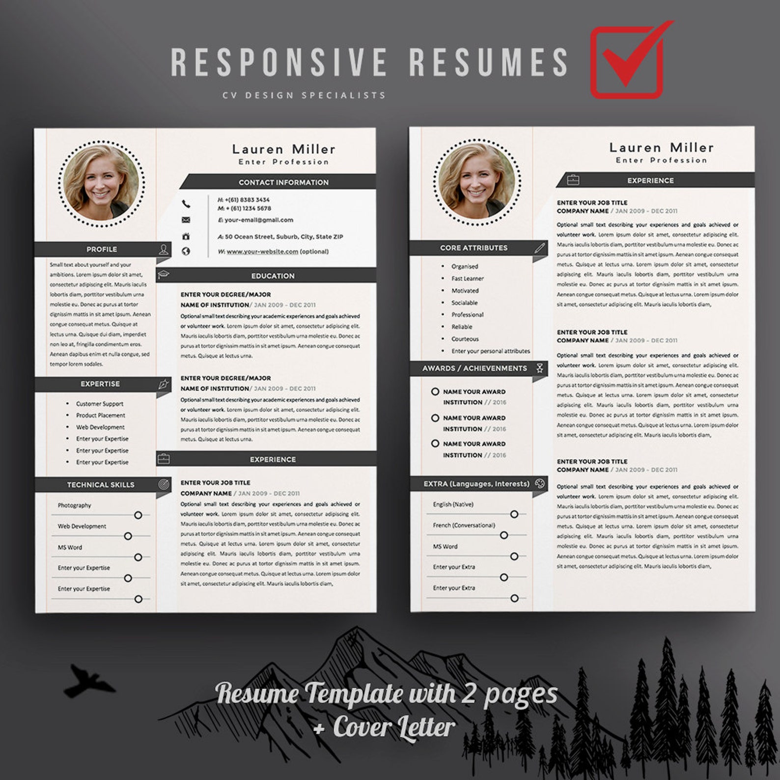 Professional 4 Page Resume Template / CV Template, Cover Letter ...