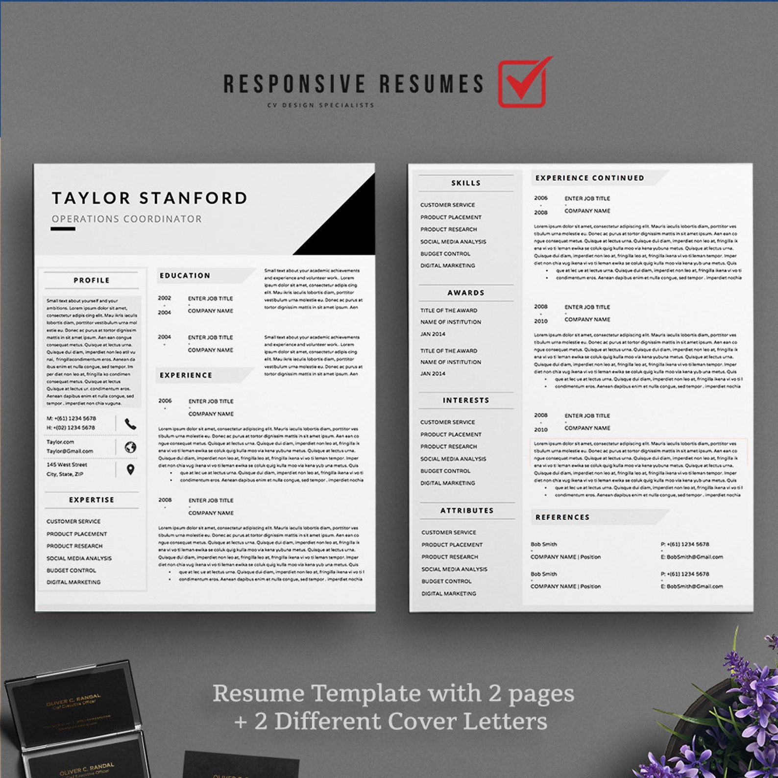 Professional 4 Page Resume Template / CV, Cover Letter A4 & US Letter ...