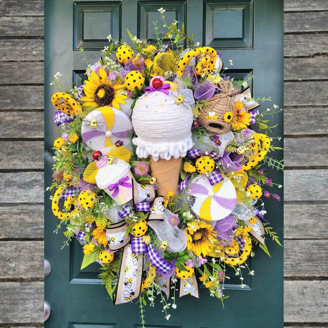 Large Summer Ice Cream Bee Wreath for Front Door Yellow and - Etsy