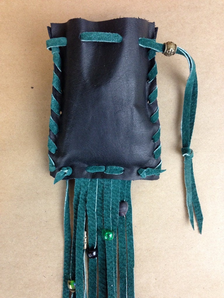 Small Dark Green & Black Leather Mojo Pouch Crystal Bag Game - Etsy