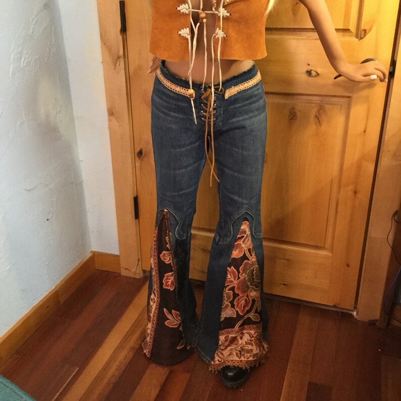 Embellished Boho Hippie Gypsy Bell Bottom Guess Lace up Front and Sides ...