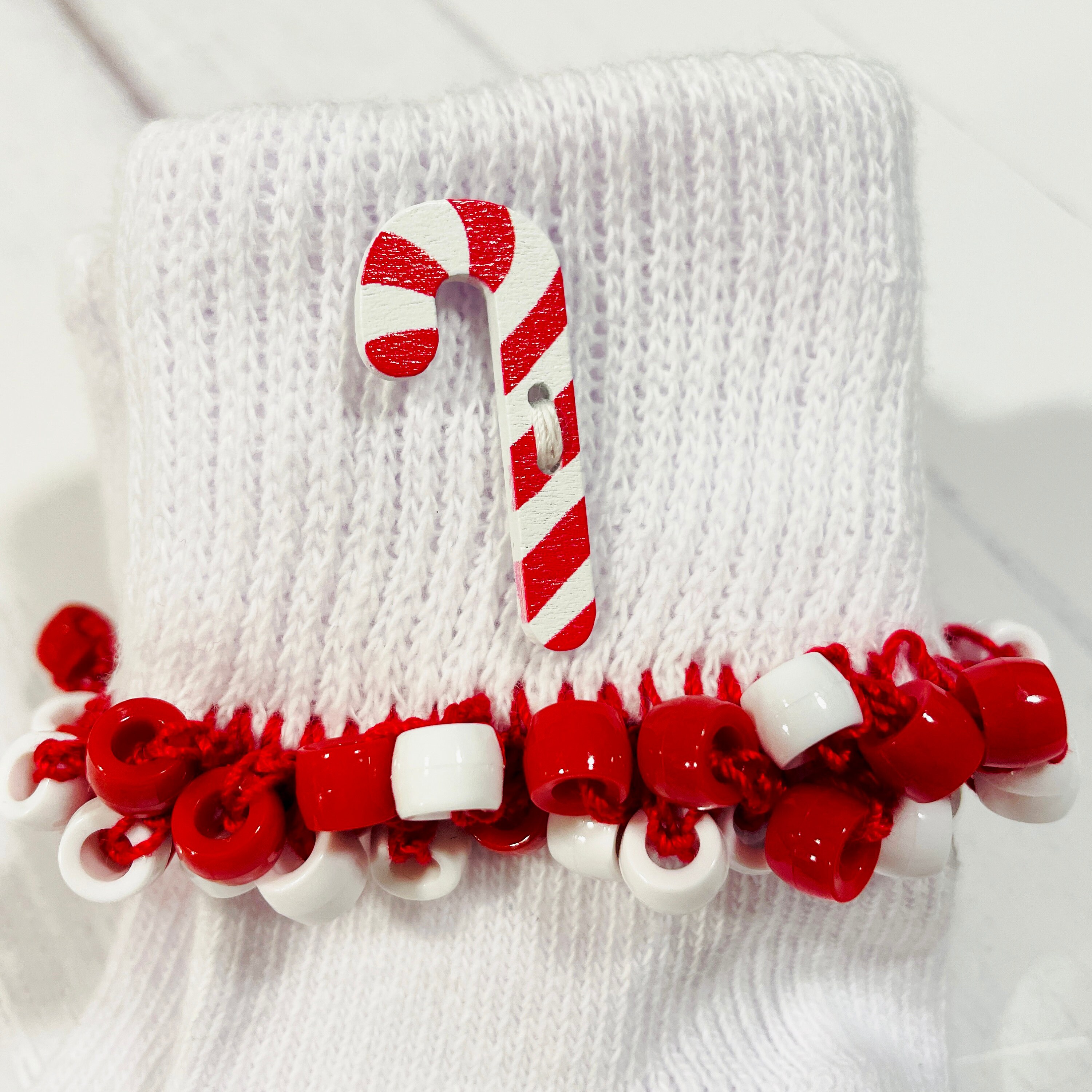 Christmas Candy Canes Beaded Socks With Red and White Pony Beads ...
