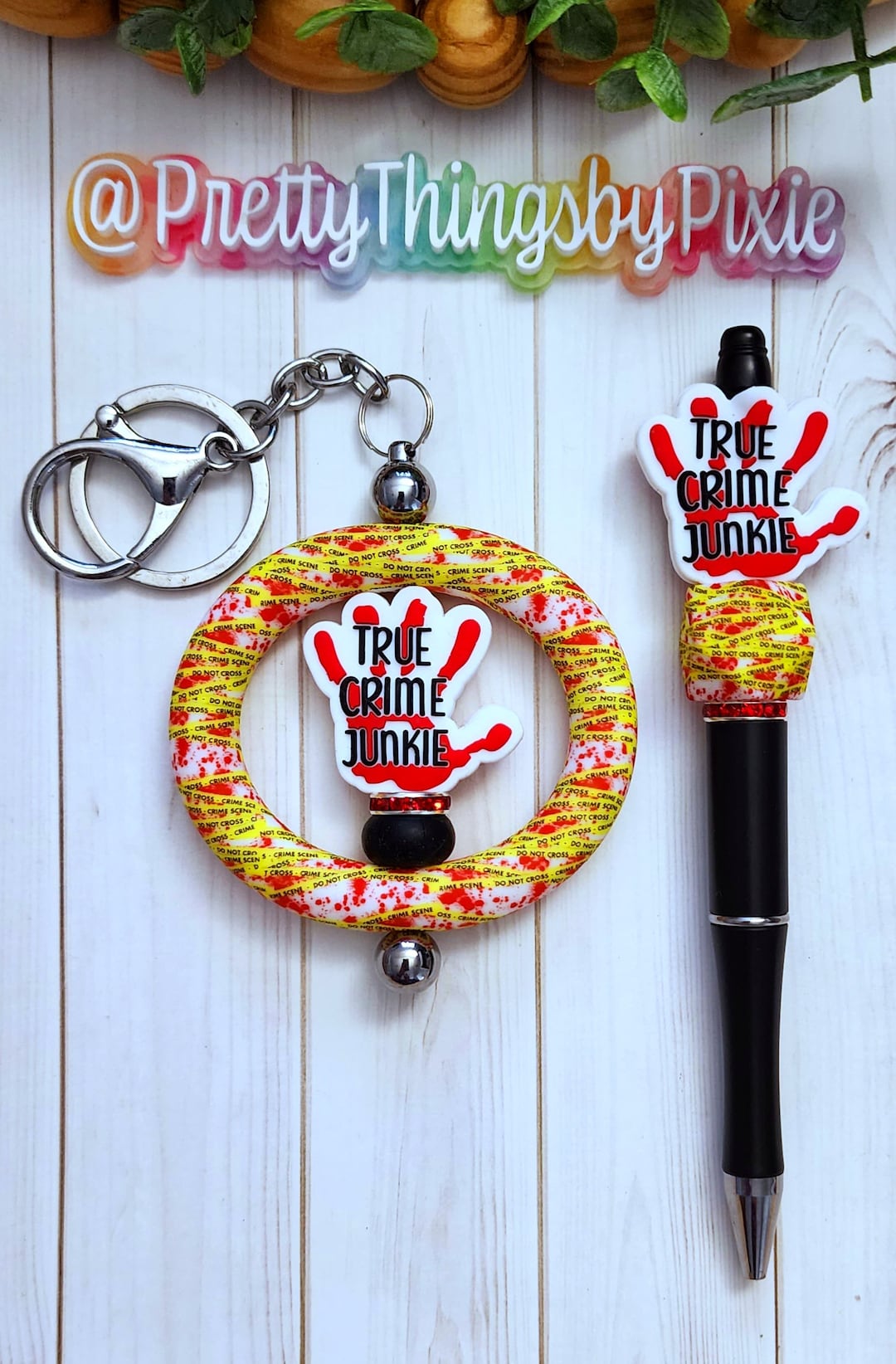 True Crime Junkie Silicone Keychain/ True Crime Beaded Pen/ Keychain ...