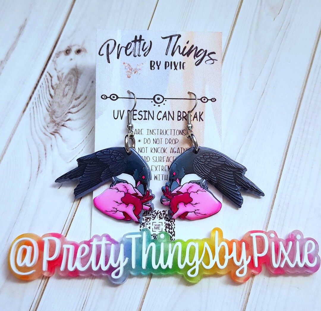 Pink Horror Goth Raven and Heart Earrings, Raven Eating Heart Charm ...