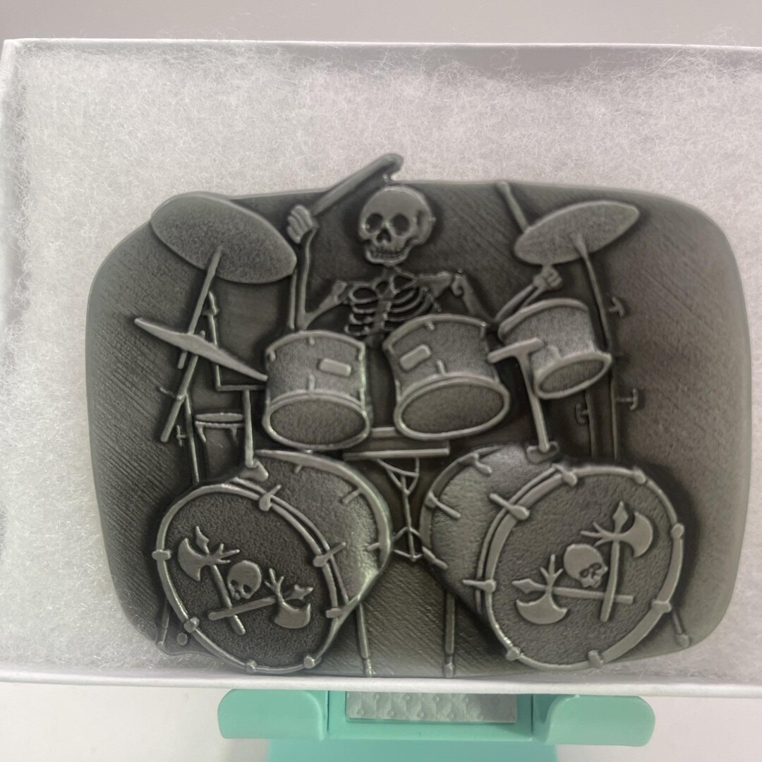 Silver Tone Skull Skeleton Playing Drums Belt Buckle Biker Heavy Metal ...