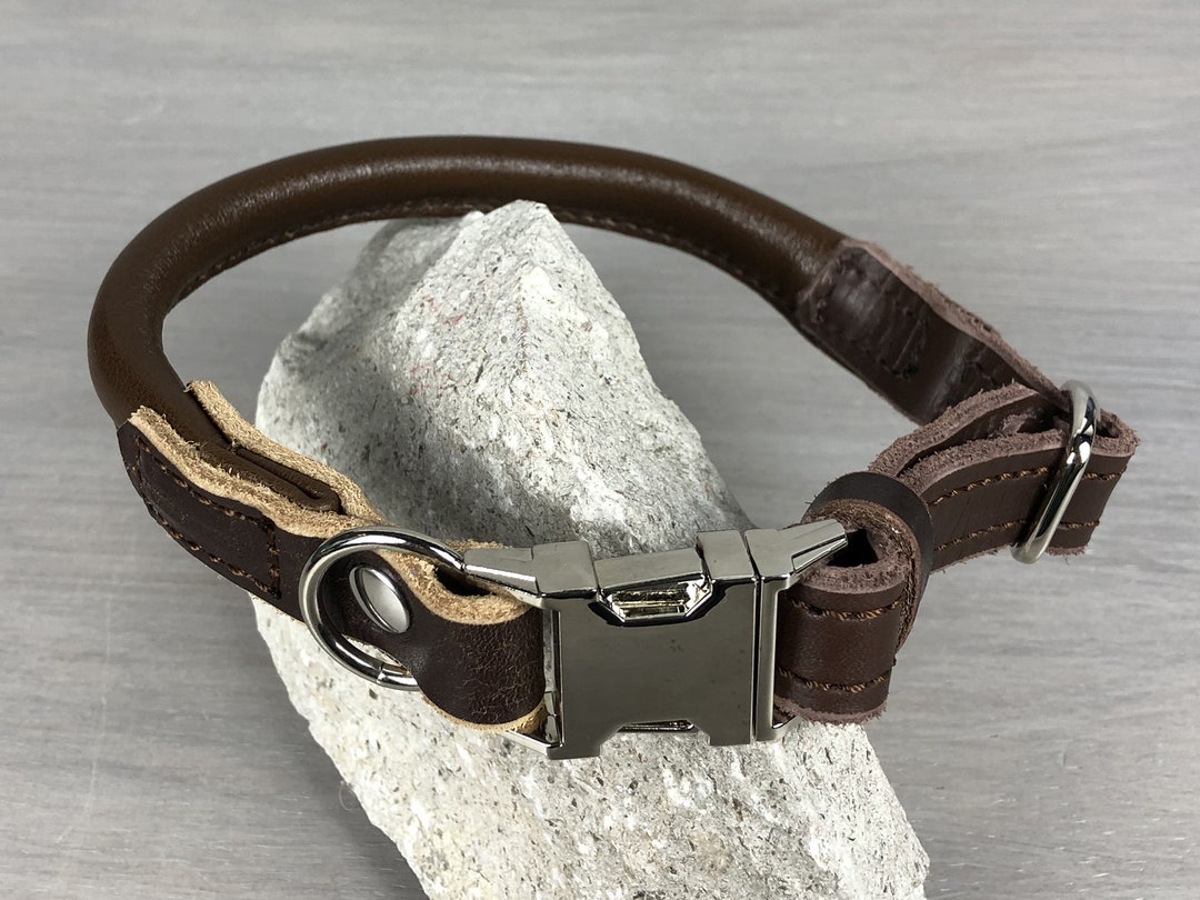 Rolled Leather Quick Release Dog Collar, Silver Color Hardware, Brown ...