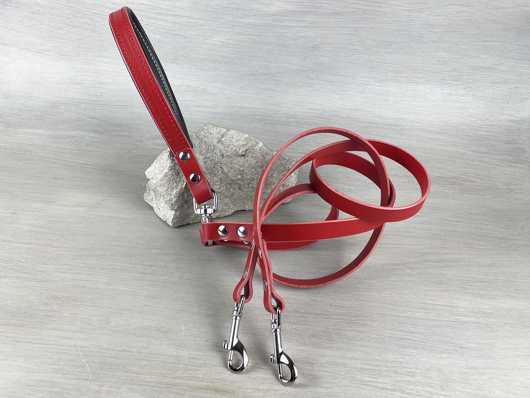 Double Dog Leash in Red Leather With Soft Padded Handle, Split Dog Lead ...