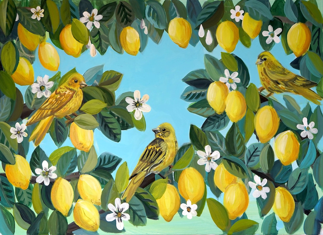 Canary Lemon Tree Art Print, Yellow Home Decor, Boho Wall Art, Funky ...