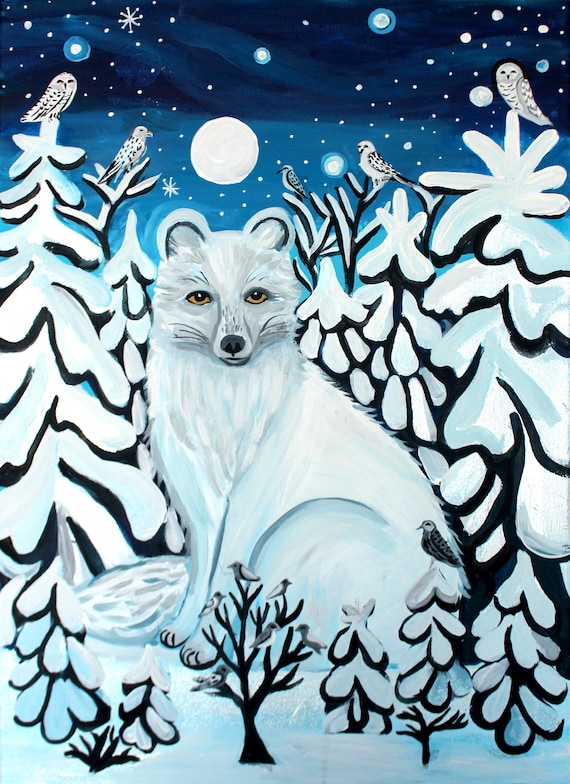 Arctic fox art print winter landscape wall art white fox | Etsy