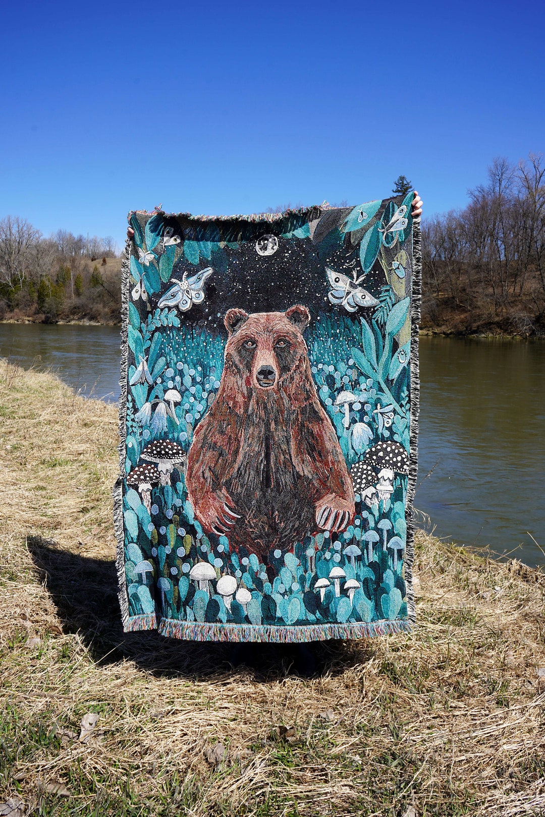 Woodland Bear Tapestry, Animal Throw Nursery Woodland Blanket, Woven ...