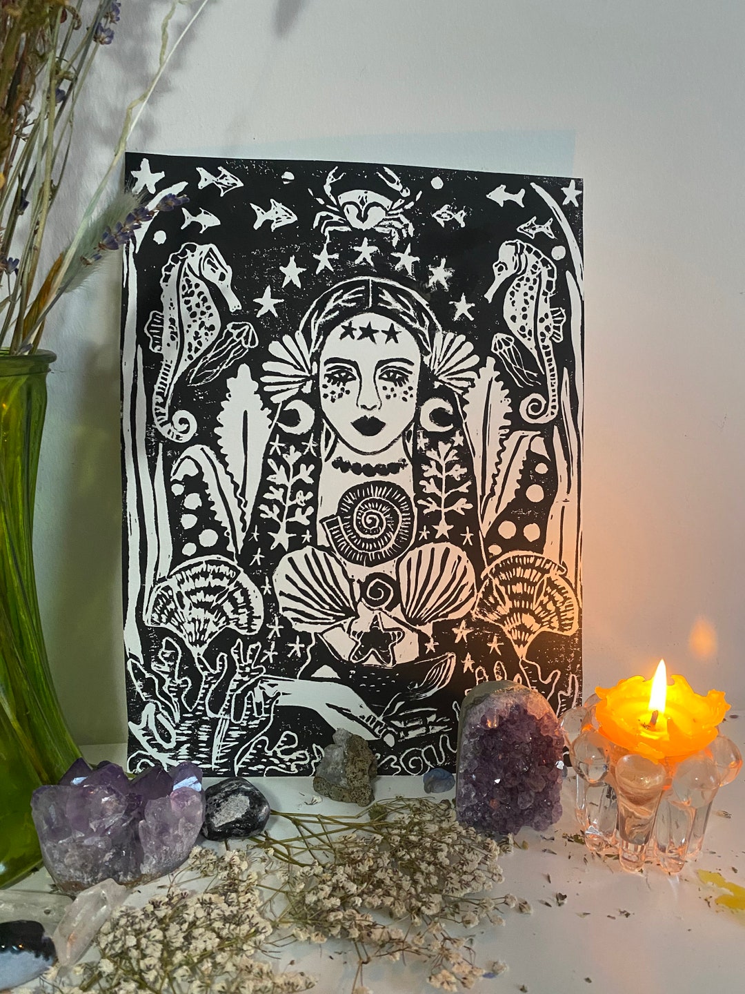 Ocean Lino Print Mermaid Wall Art, Home Decor Dark Feminine, Witchy ...