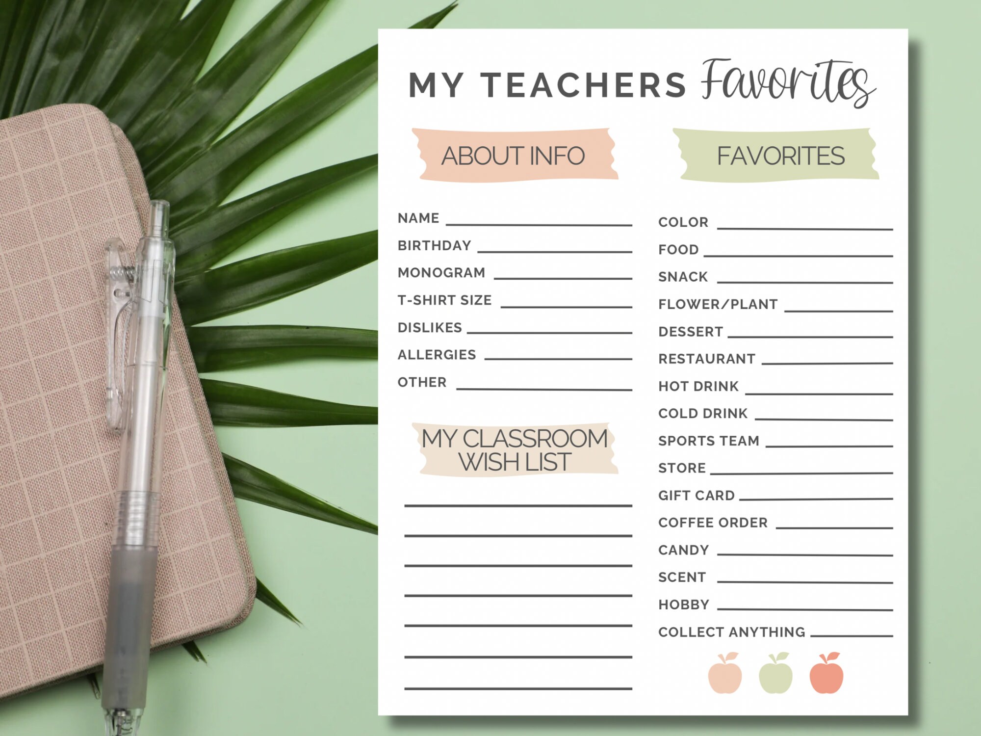 Teachers Favorites Survey Printable | Teachers Favorites Form ...