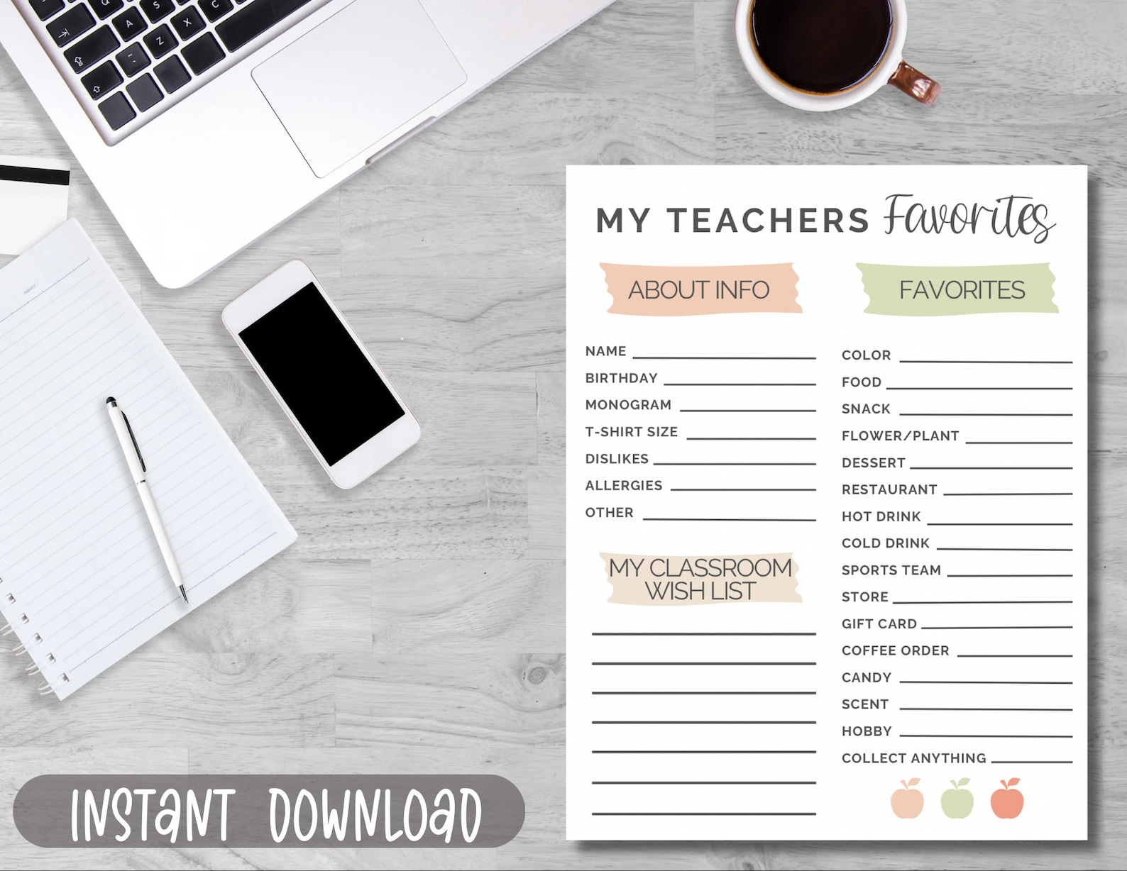Teachers Favorites Survey Printable | Teachers Favorites Form ...