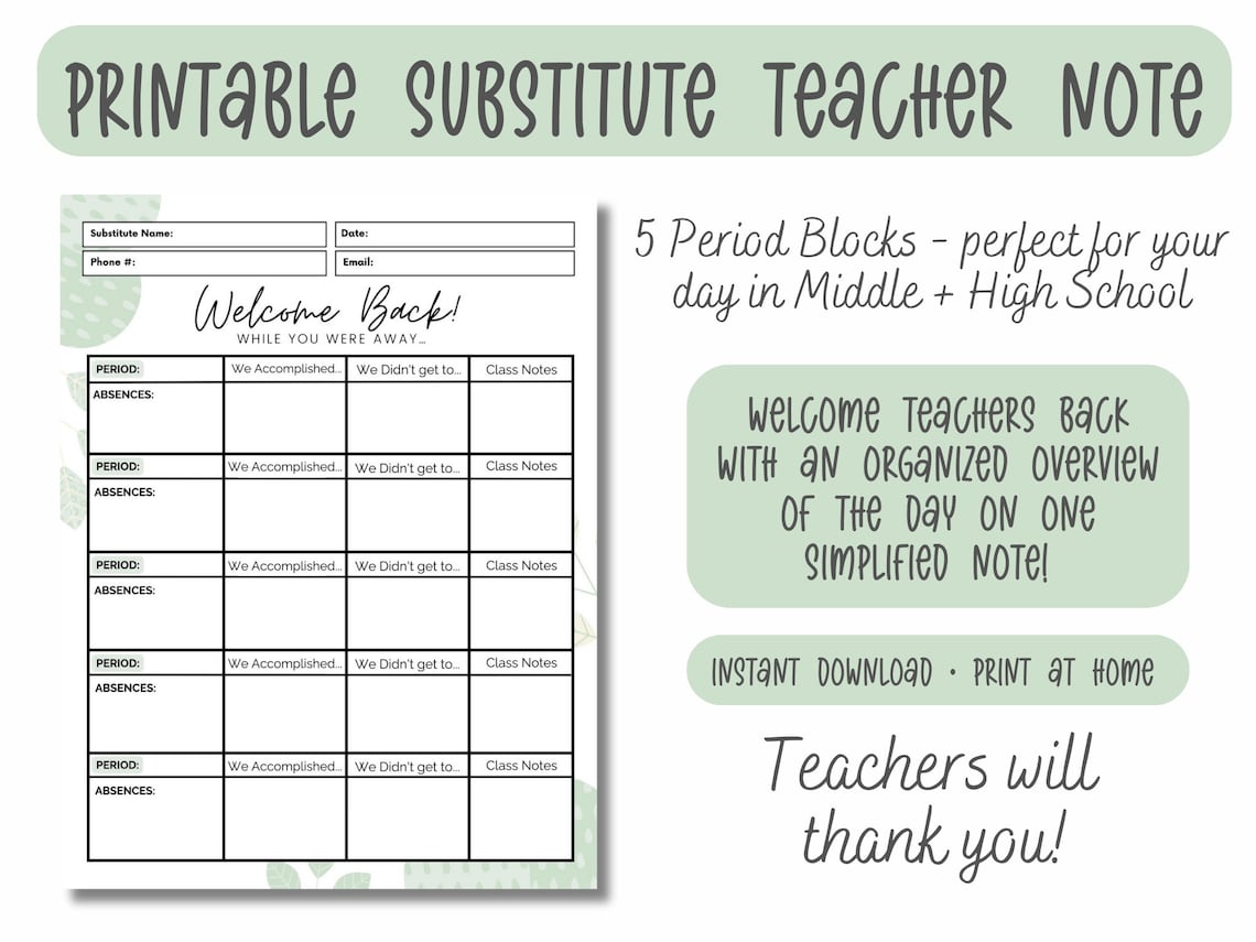 Substitute Teacher Note Printable for Middle School & High School | Sub ...