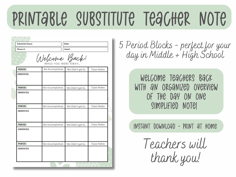 Substitute Teacher Note Printable for Middle School & High School | Sub ...