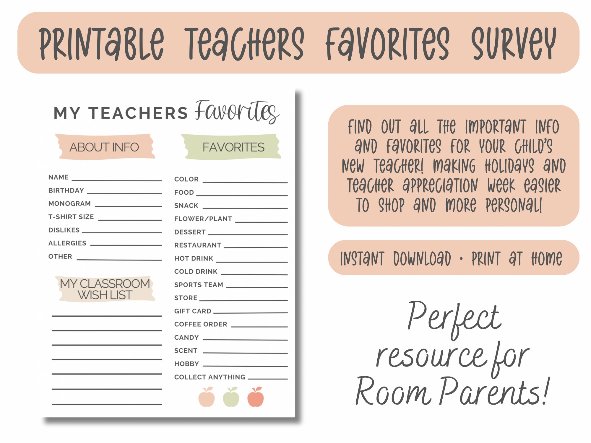 Teachers Favorites Survey Printable | Teachers Favorites Form ...