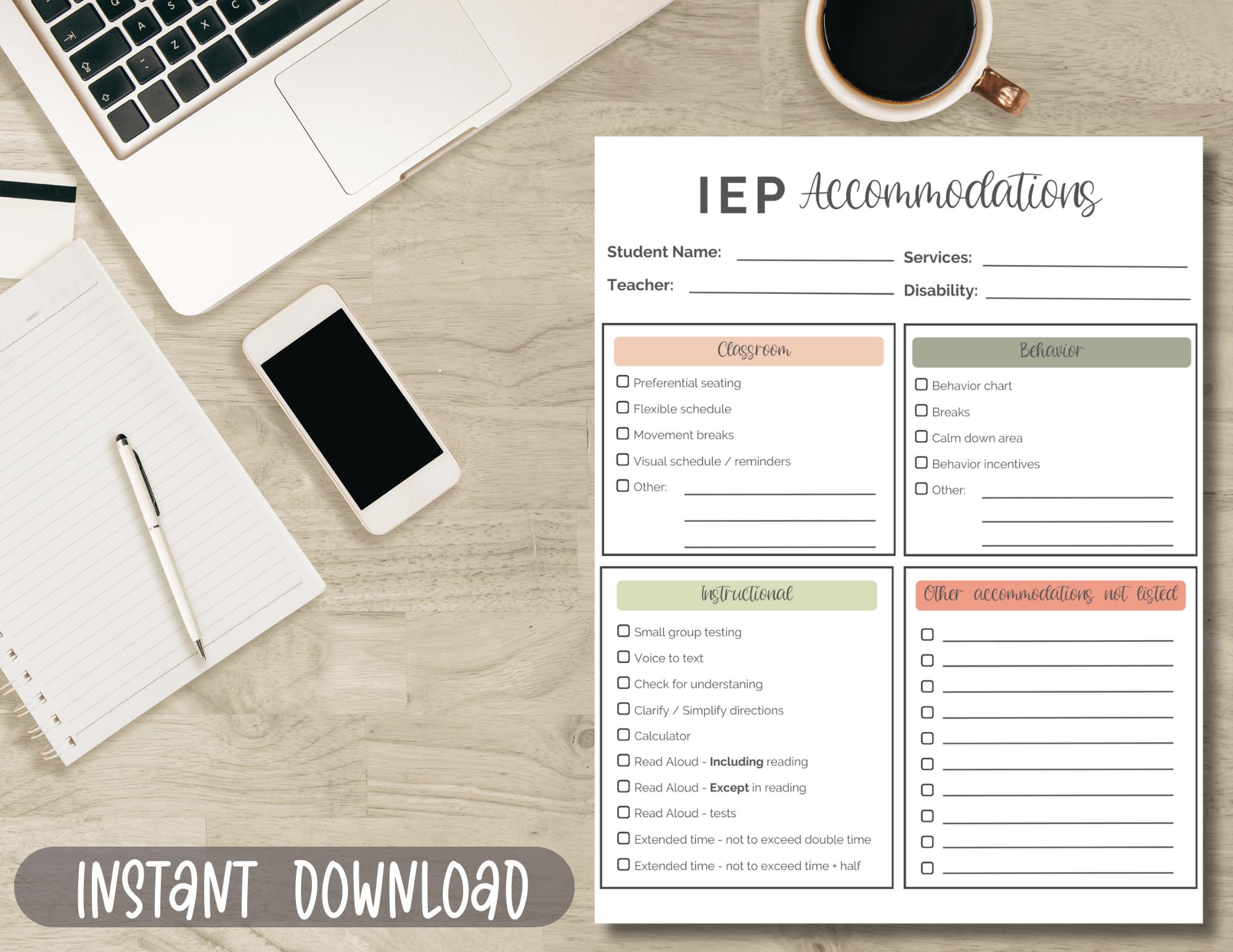 IEP Accommodations Cheat Sheet Snapshot | Special Education Printable ...