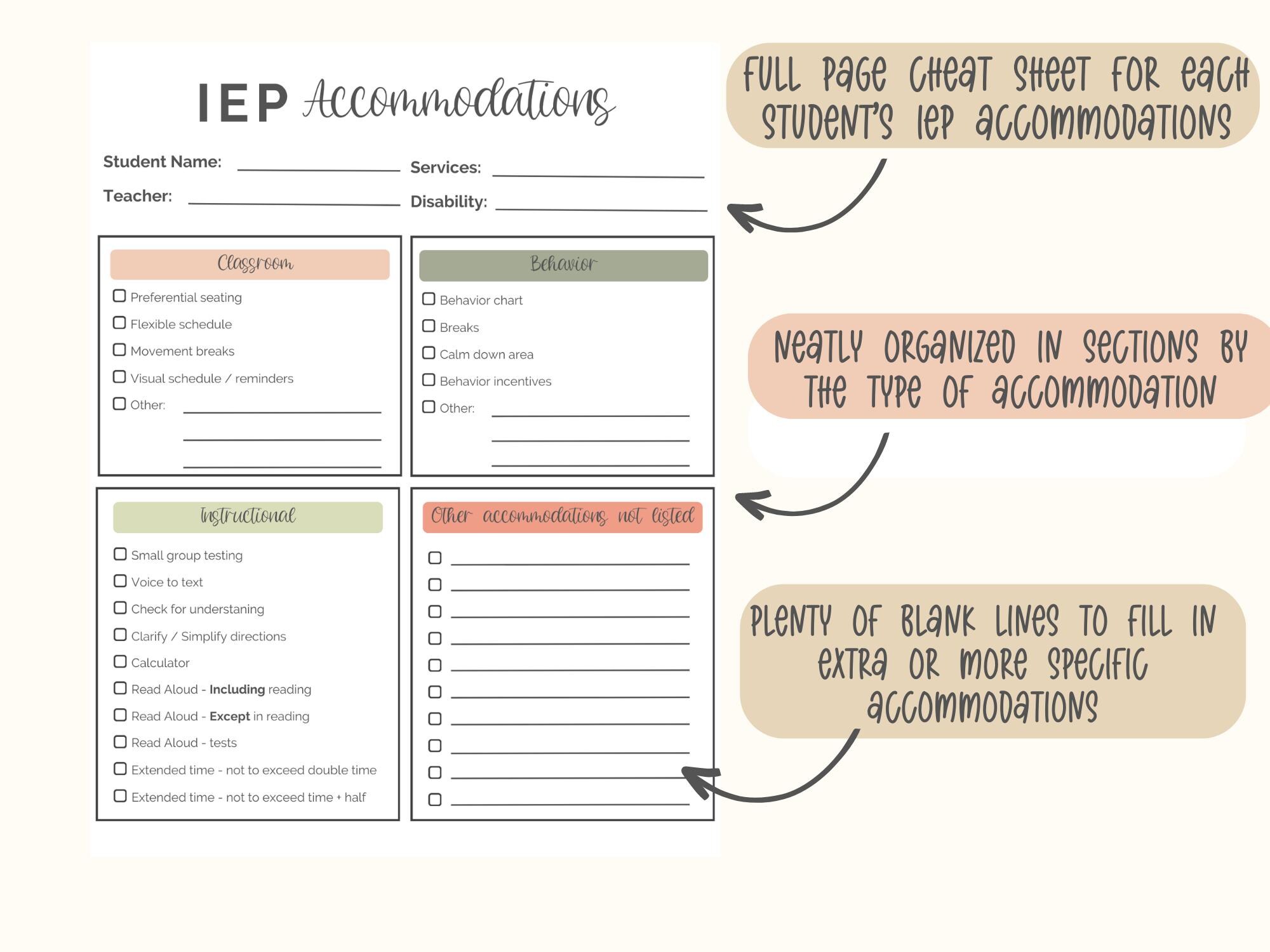 IEP Accommodations Cheat Sheet Snapshot | Special Education Printable ...