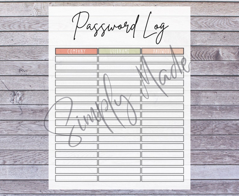 Password Log Printable | Simple Minimalist Organization - Etsy