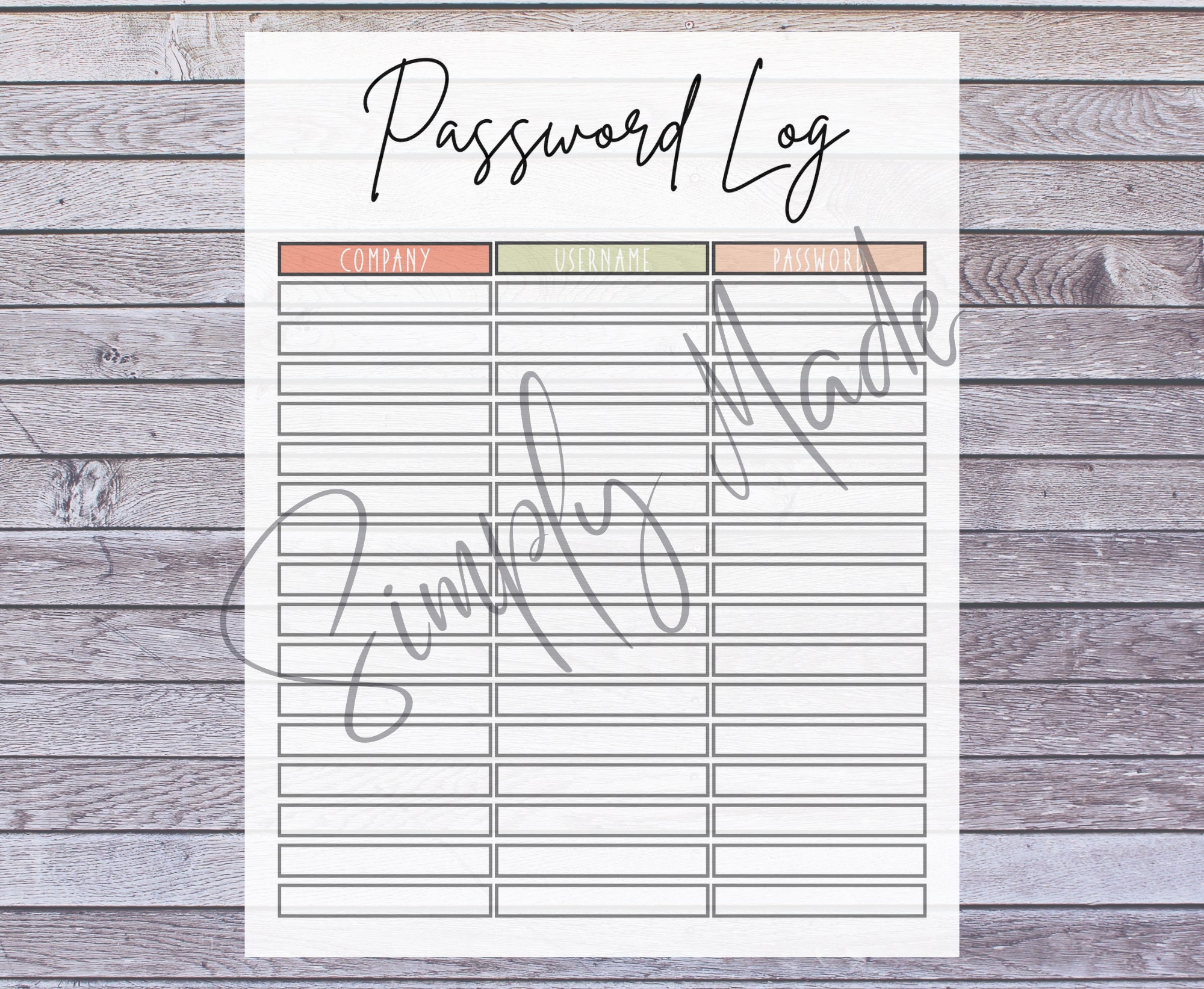 Password Log Printable | Simple Minimalist Organization - Etsy
