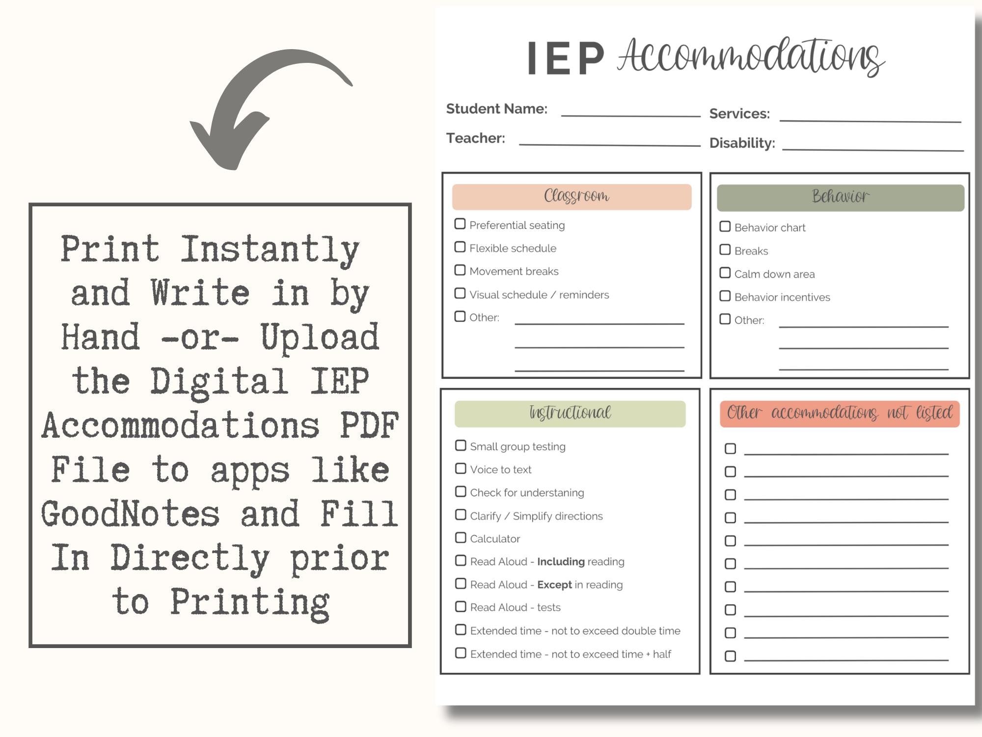 IEP Accommodations Cheat Sheet Snapshot | Special Education Printable ...