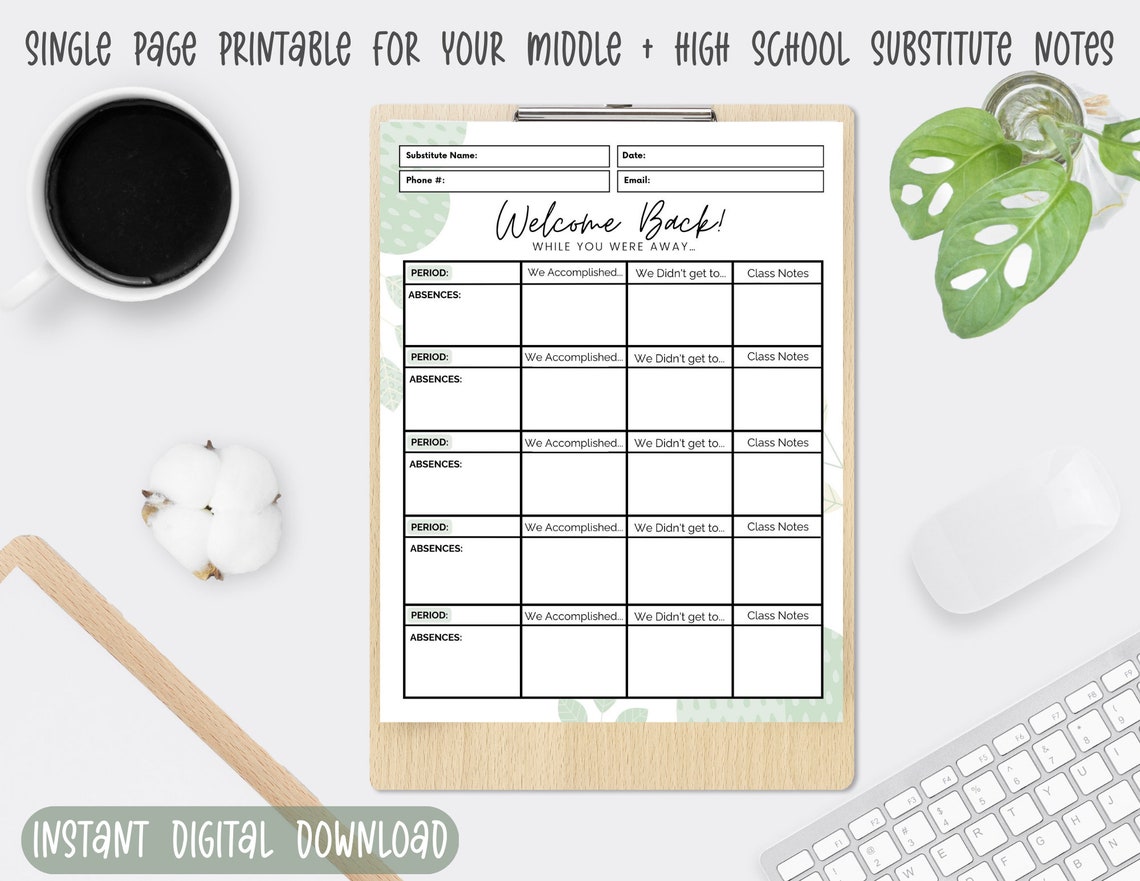 Substitute Teacher Note Printable for Middle School & High School | Sub ...