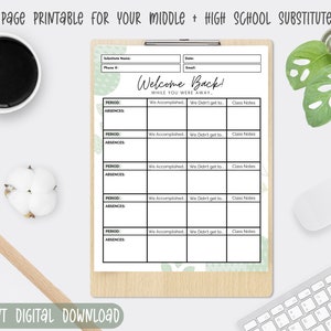 Substitute Teacher Note Printable for Middle School & High School | Sub ...
