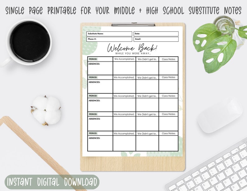 Substitute Teacher Note Printable for Middle School & High School | Sub ...