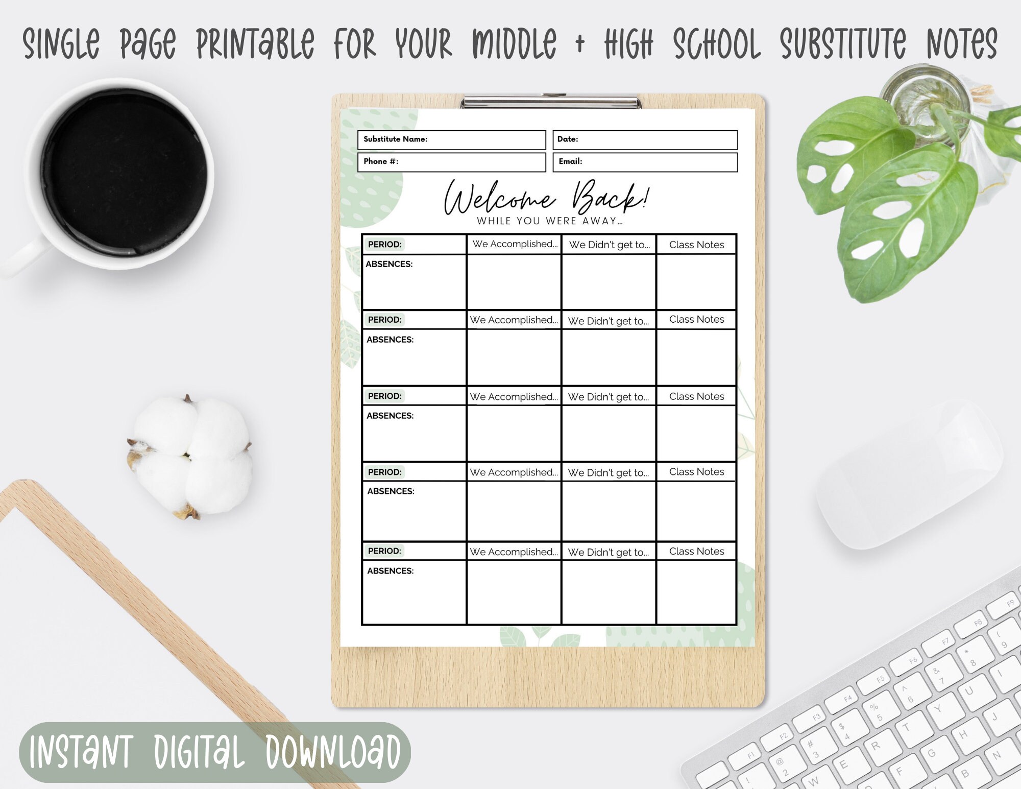 Substitute Teacher Note Printable for Middle School & High School | Sub ...