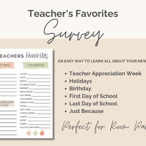 Teachers Favorites Survey Printable | Teachers Favorites Form ...