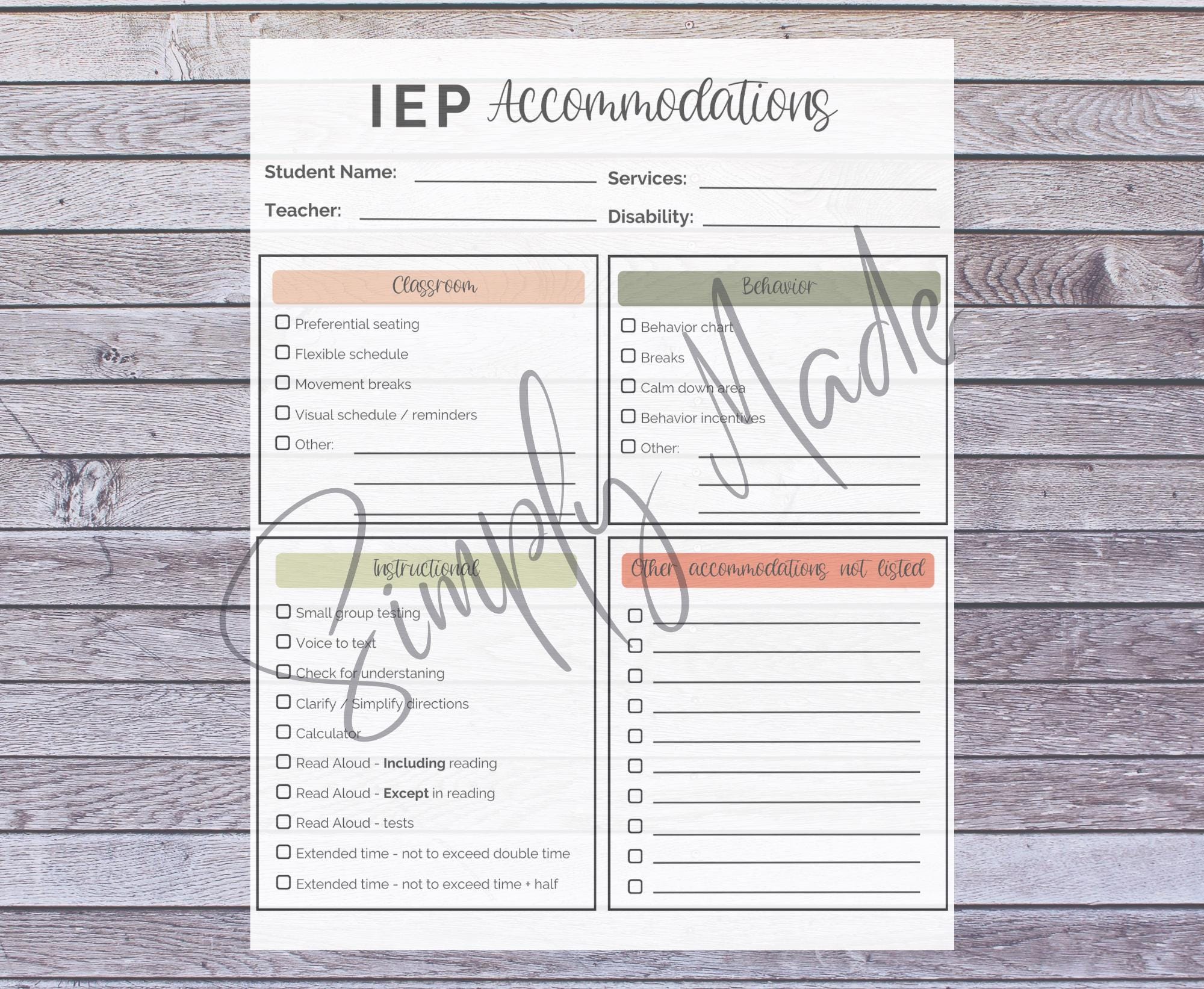 IEP Accommodations Cheat Sheet Snapshot | Special Education Printable ...