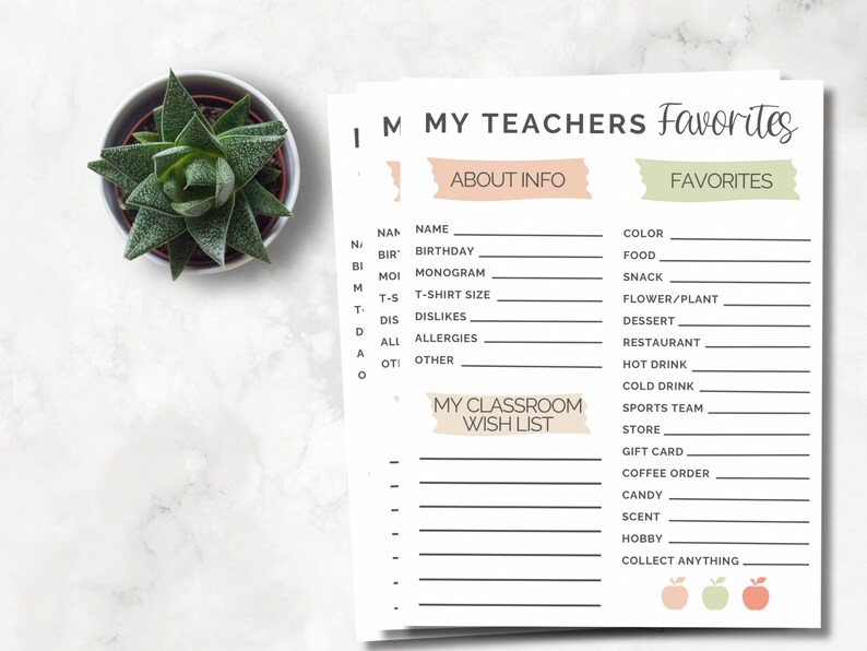 Teachers Favorites Survey Printable | Teachers Favorites Form ...